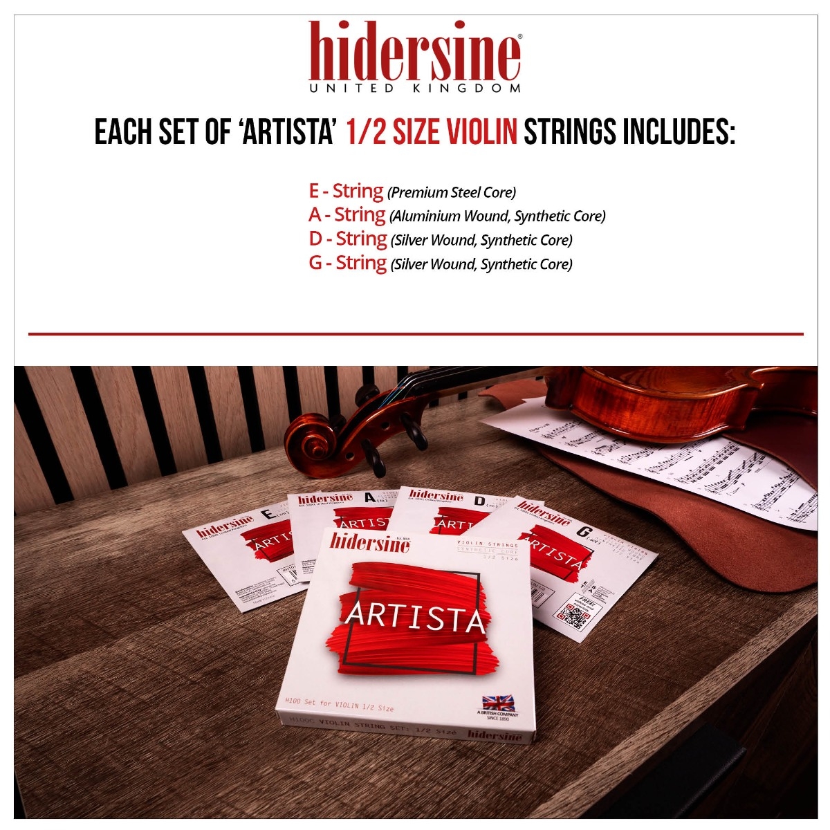 Hidersine Artista Violin String SET – Synthetic Core – 1/2 Size ...