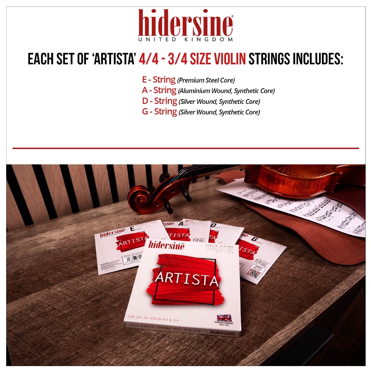 Hidersine Artista Violin String SET – Synthetic Core – 4/4–3/4 Size ...